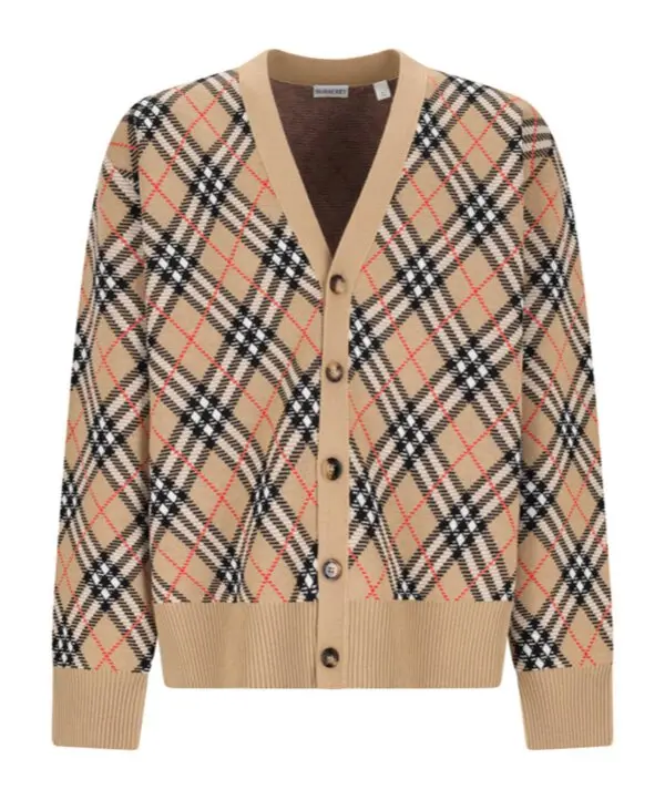 Burberry Checked V-neck Buttoned Cardigan - Nude