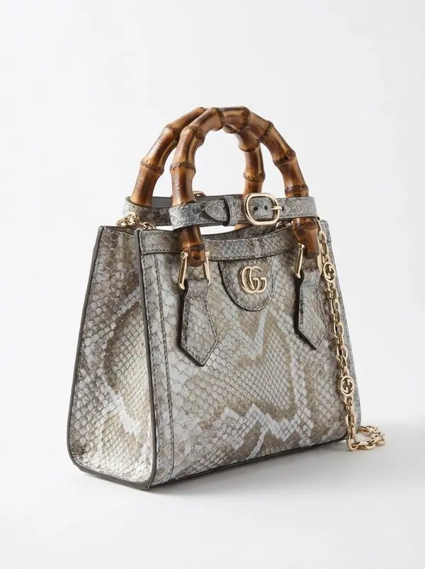 Gucci Diana Mini Python Tote Bag With Bamboo Handles And Chain Strap - Grey