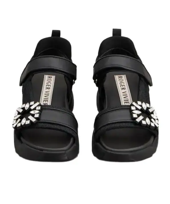 ROGER VIVIER Viv On The Run Embellished Flat Sandals - Black