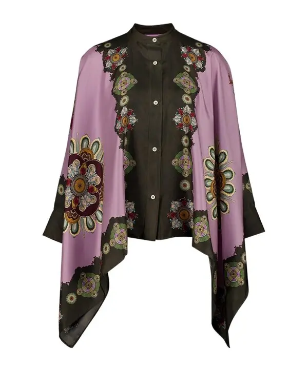 La DoubleJ Printed Silk Mandarin Collar Jacket - Black