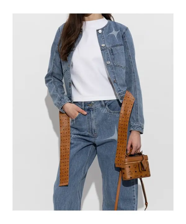 Mcm Denim Jacket With Designer Pattern Belt - Blue