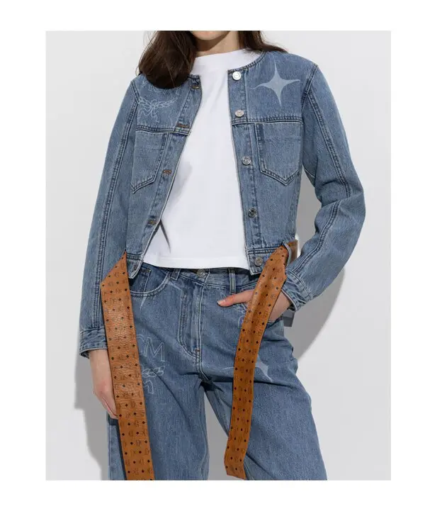 Mcm Denim Jacket With Designer Pattern Belt - Blue