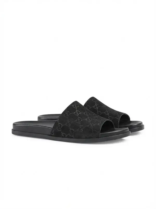 Gucci Logo Detailed Suede Slide Sandals - Black