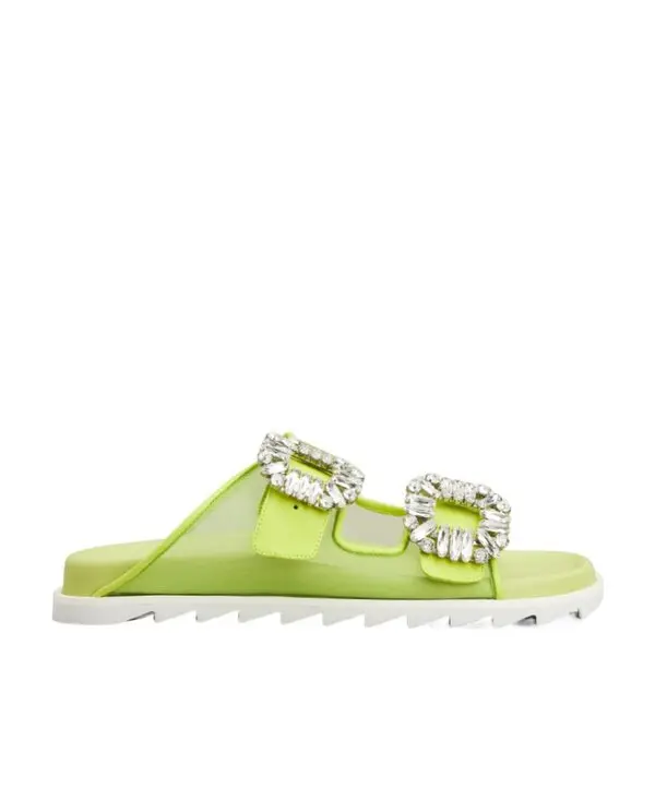ROGER VIVIER Slidy Viv Embellished Buckle Mules In Fabric - Green