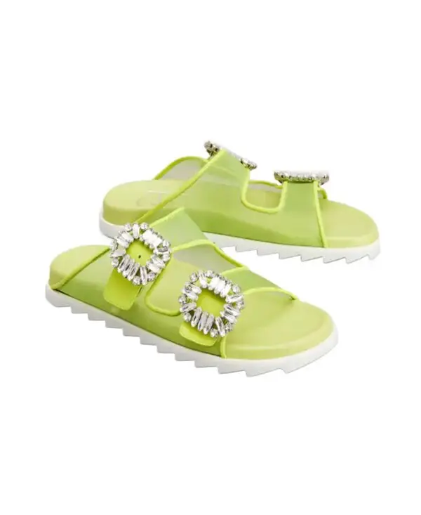 ROGER VIVIER Slidy Viv Embellished Buckle Mules In Fabric - Green