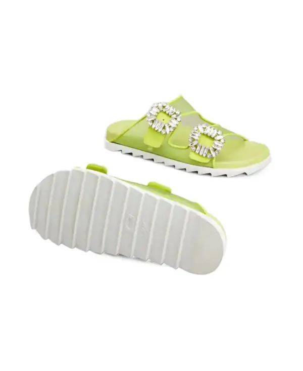 ROGER VIVIER Slidy Viv Embellished Buckle Mules In Fabric - Green