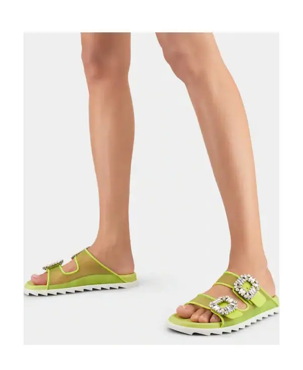 ROGER VIVIER Slidy Viv Embellished Buckle Mules In Fabric - Green