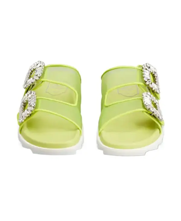 ROGER VIVIER Slidy Viv Embellished Buckle Mules In Fabric - Green