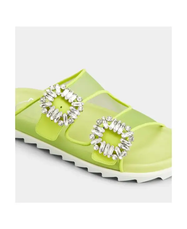 ROGER VIVIER Slidy Viv Embellished Buckle Mules In Fabric - Green