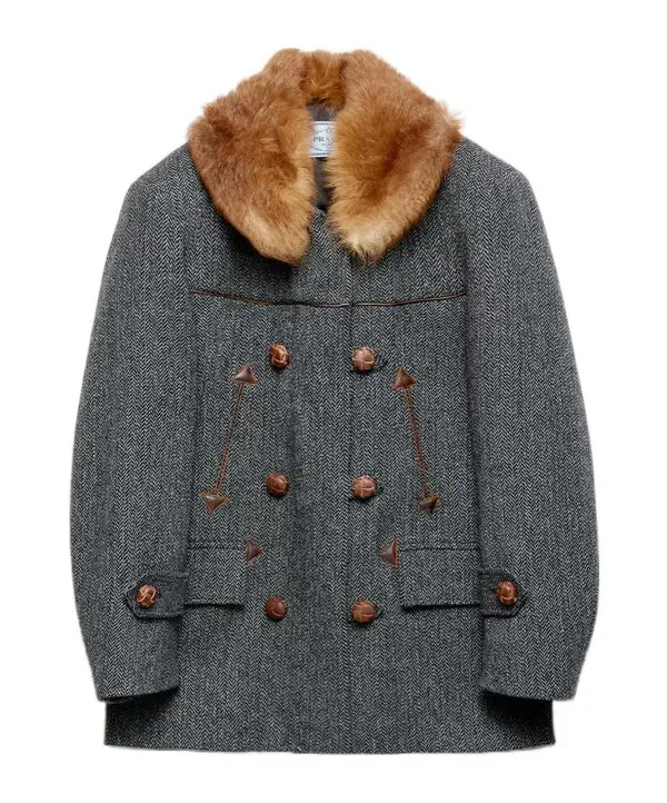 Prada Herringbone Shearling Double-breasted Coat - Charcoal