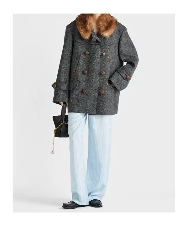 Prada Herringbone Shearling Double-breasted Coat - Charcoal
