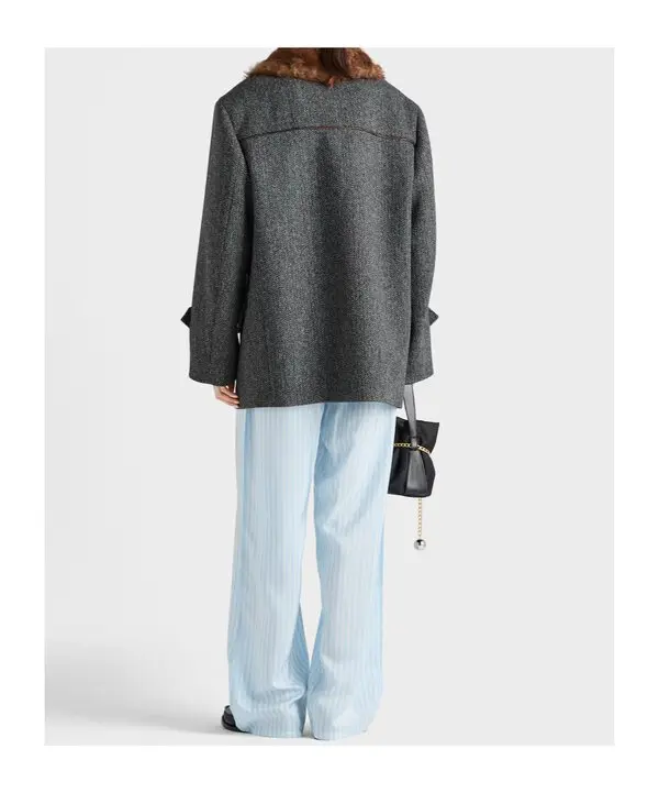Prada Herringbone Shearling Double-breasted Coat - Charcoal