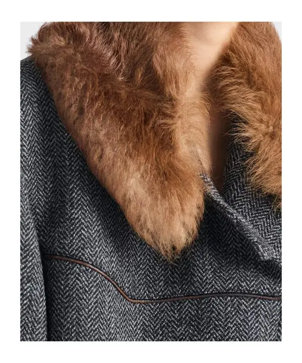 Prada Herringbone Shearling Double-breasted Coat - Charcoal