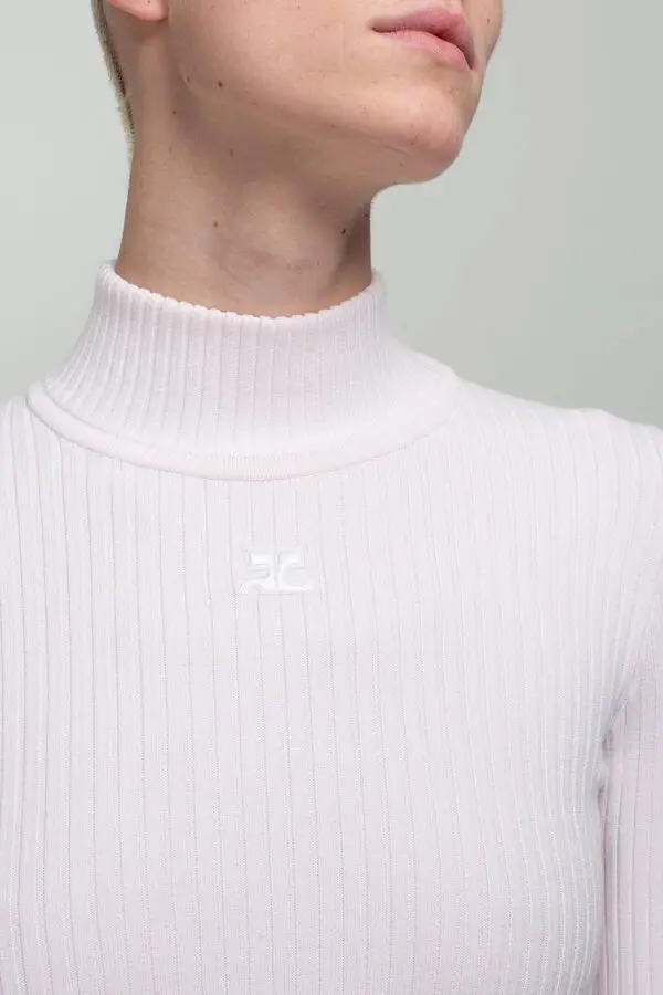 COURREGES Courrèges High Neck Ribbed Knit Jumper With Front Logo Embroidery - White