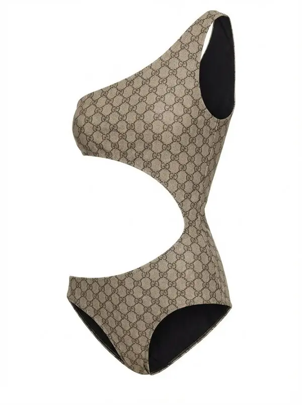Gucci Gg Stretch Jersey Asymmetrical Cut-out One-piece Swimsuit - Beige And Ebony