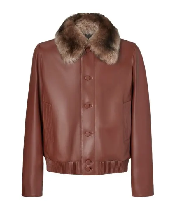 Fendi Faux Fur Collar Leather Bomber Jacket