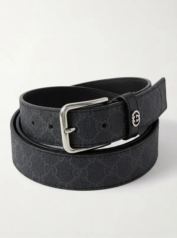Gucci Gg Supreme Canvas Belt With Interlocking Double G Buckle - Black