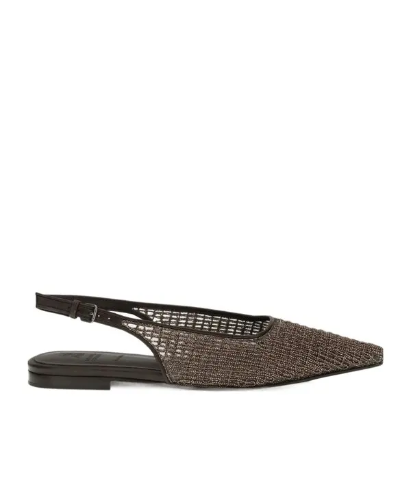 Brunello Cucinelli Precious Net Embroidery Slingback Flats - Brown