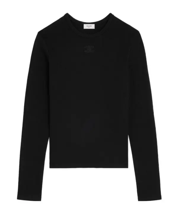 Celine Triomphe Ribbed Cotton Jersey Long Sleeve T-shirt - Black