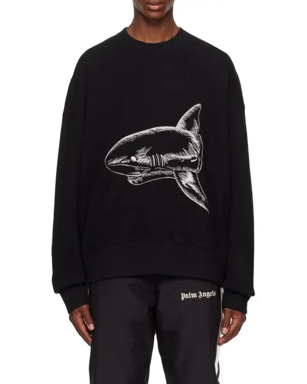 Palm Angels Shark Embroidered Crewneck Sweatshirt - Black