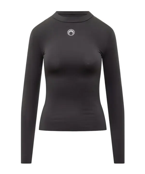 MARINE SERRE Moon Logo Strass Jersey Long Sleeve High Neck Top - Black