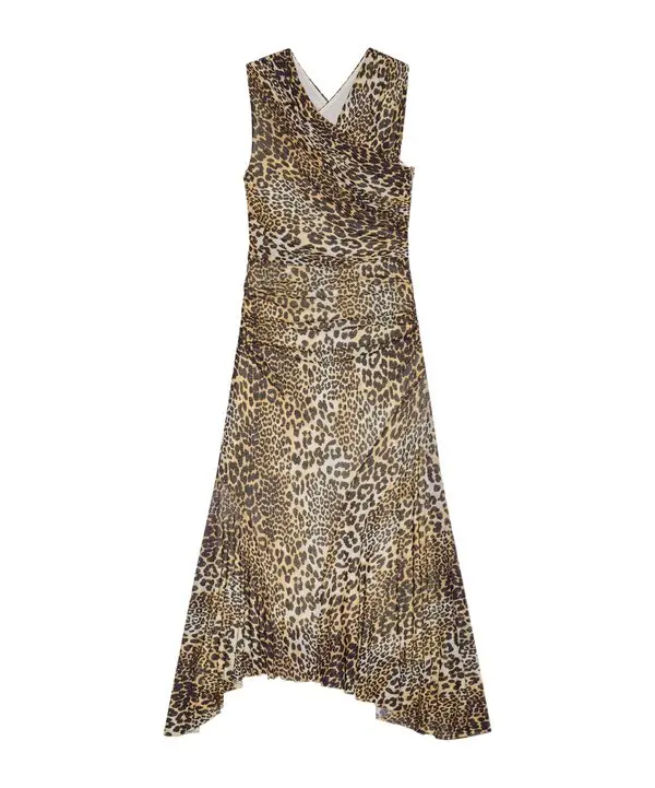 GANNI Ruched V-neck Dress With Asymmetrical Hem - Leopard