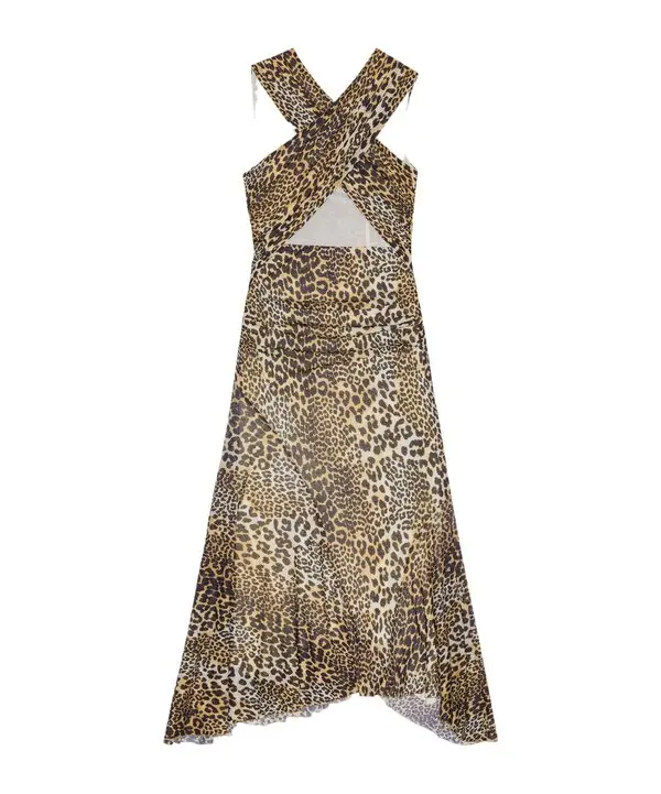GANNI Ruched V-neck Dress With Asymmetrical Hem - Leopard
