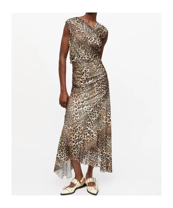 GANNI Ruched V-neck Dress With Asymmetrical Hem - Leopard