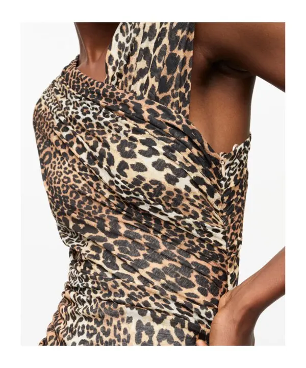 GANNI Ruched V-neck Dress With Asymmetrical Hem - Leopard