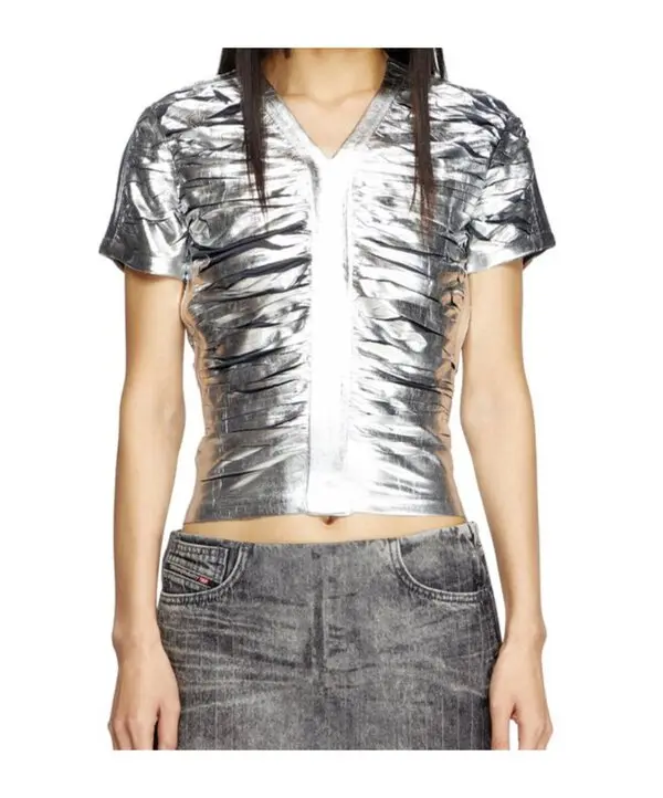 DIESEL® T-ai Gathered V-neck T-shirt - Silver/blue