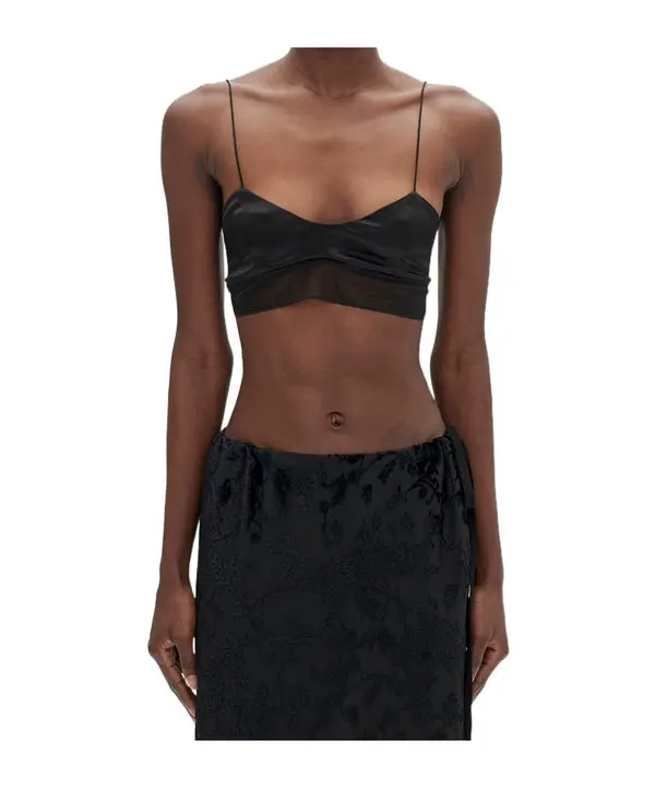 ANN DEMEULEMEESTER Scoop Neck Cropped Top With Tulle Hem - Black
