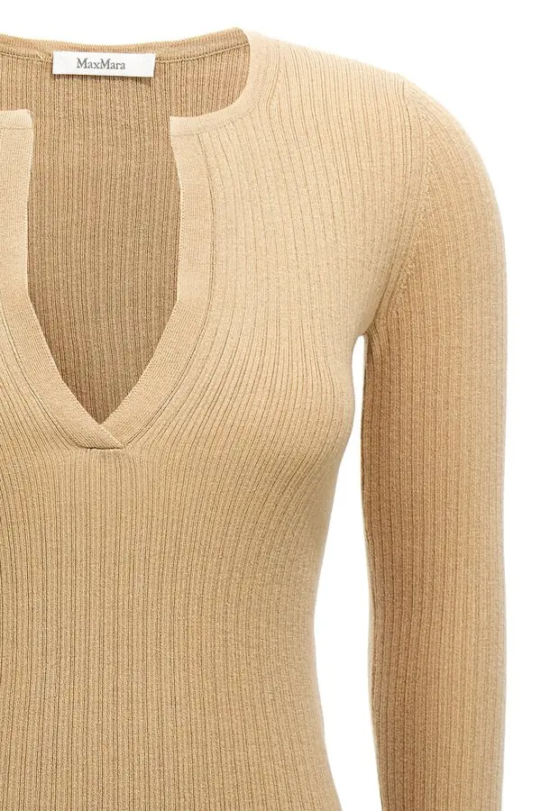 Max Mara V-neck Long-sleeve Ribbed Knit Sweater - Beige