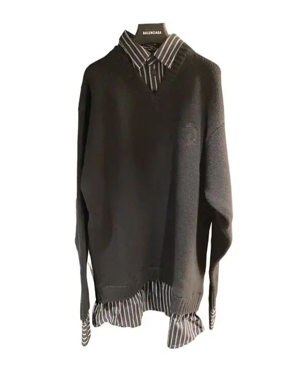 Balenciaga Layered Knit Sweater With Laminated Shirt Collar