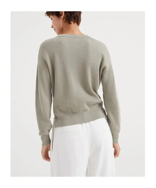 Brunello Cucinelli Ribbed Cotton Jumper With Embroidered Back Collar
