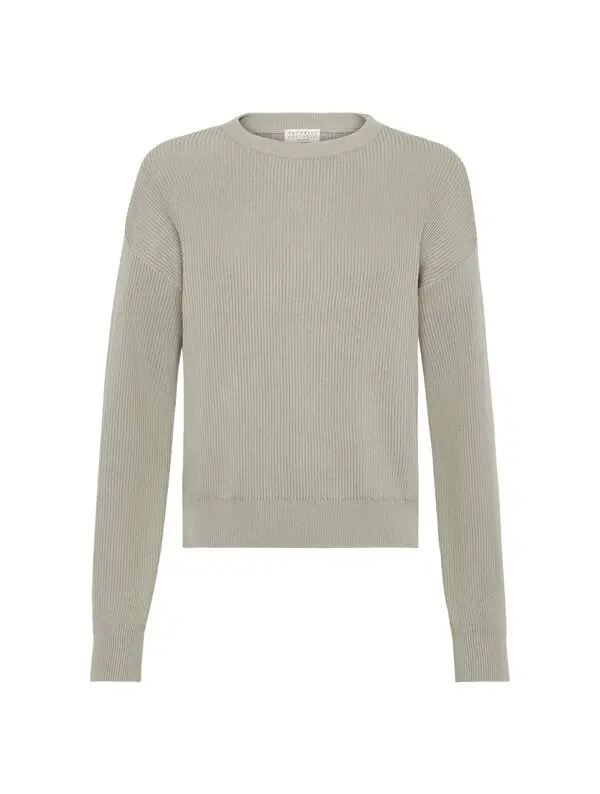 Brunello Cucinelli Ribbed Cotton Jumper With Embroidered Back Collar - Olive