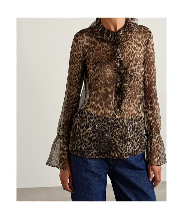 NILI LOTAN Cecily Leopard Print Shirt With Ruffles - Brown