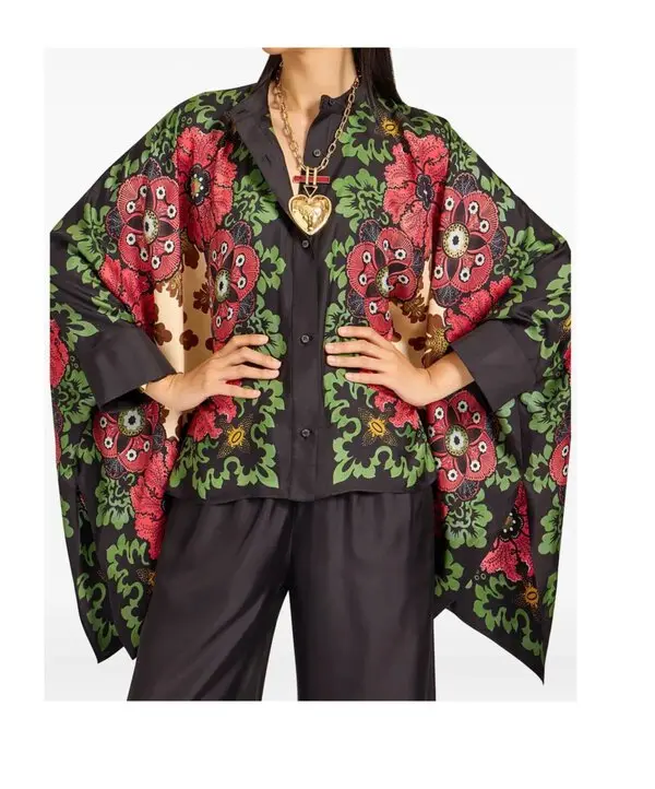 La DoubleJ Printed Silk Mandarin Collar Coat