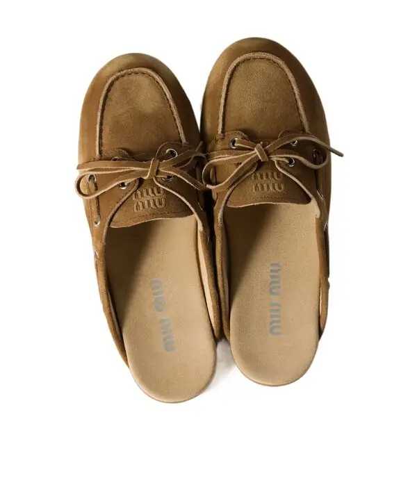Miu Miu Lace-up Flat Mules In Washed Suede - Cinnamon