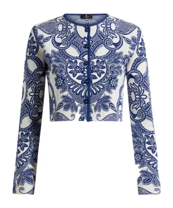 Etro Two-tone Jacquard Lace Cropped Cardigan - Blu Navy