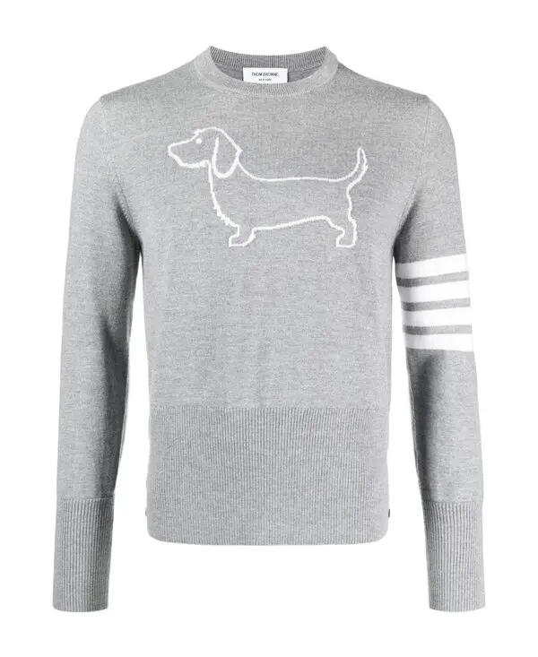 Thom Browne 4-bar Stripe Crewneck Jumper With Dachshund Detail - Light Gray