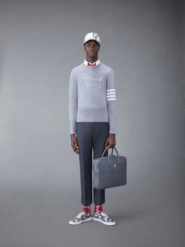 Thom Browne 4-bar Stripe Crewneck Jumper With Dachshund Detail - Light Gray