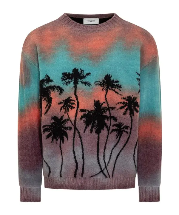 LANEUS Palm Tree Graphic Knit Jumper - Black