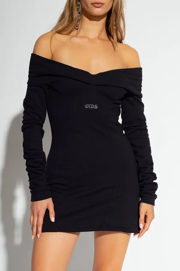 Gcds Off-the-shoulder Long Sleeve Dress With Logo Print