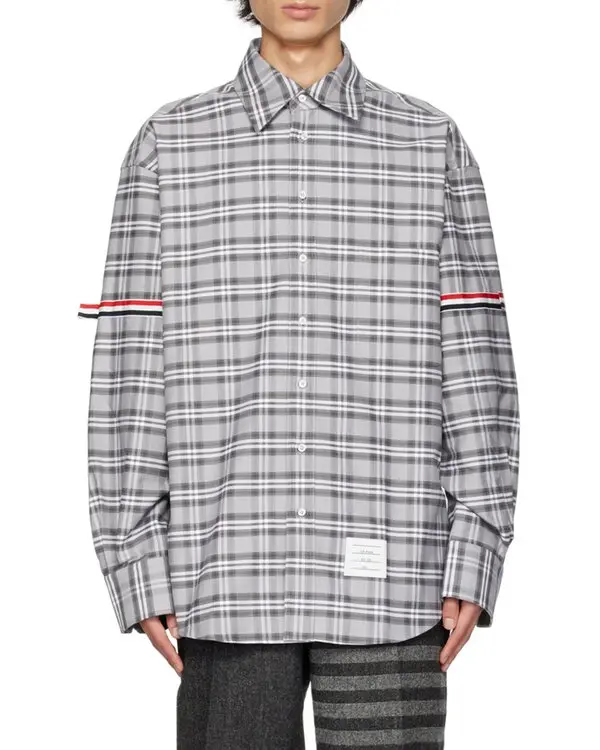 Thom Browne Prince Of Wales Check Twill Armband Oversized Shirt - Medium Gray