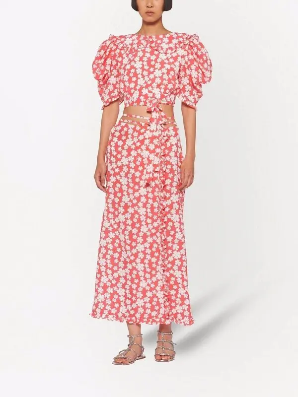 Miu Miu Cropped Floral Print Blouse With Ruffle Detail