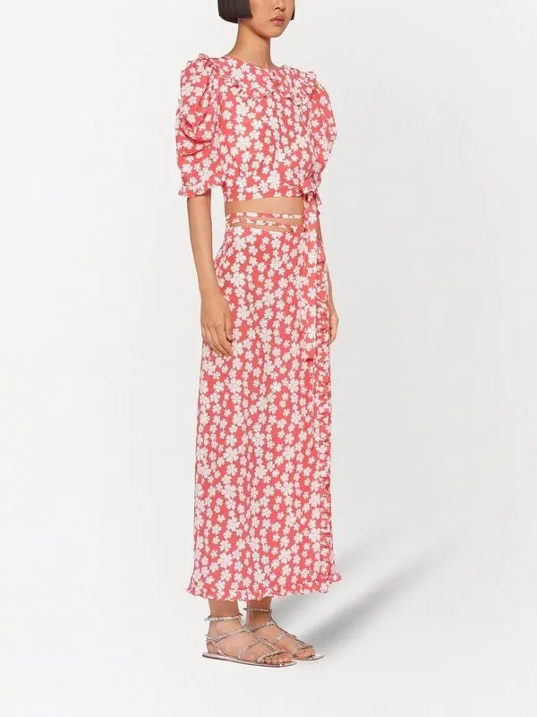 Miu Miu Cropped Floral Print Blouse With Ruffle Detail