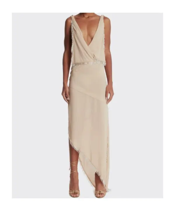 Attico Asymmetric Beaded Deep V-neck Maxi Dress