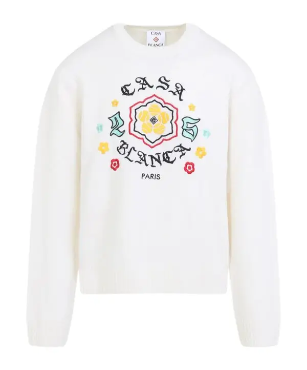 Casablanca Floral Embroidered Crew Neck Sweater - White