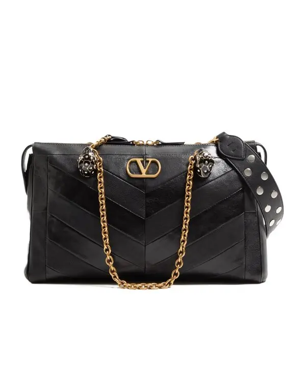 Valentino Garavani Panthea Chevron Patterned Zip-up Shoulder Bag - Black