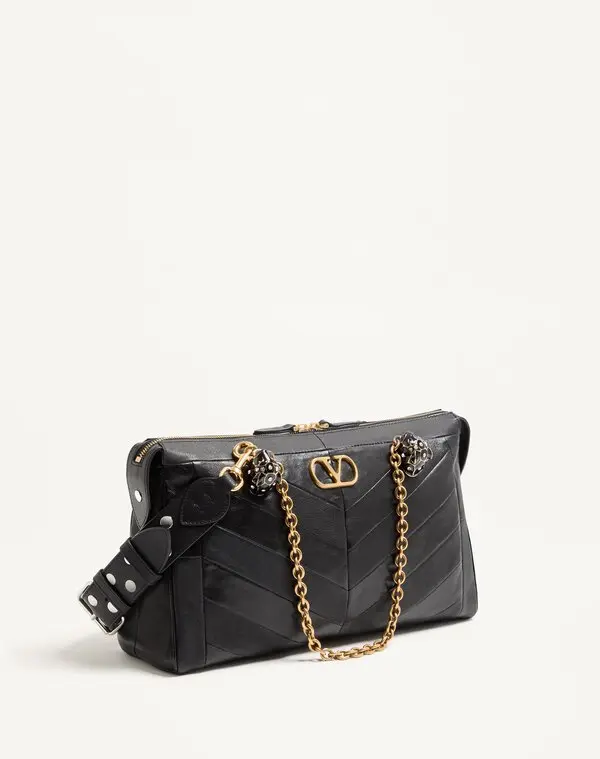 Valentino Garavani Panthea Chevron Patterned Zip-up Shoulder Bag - Black